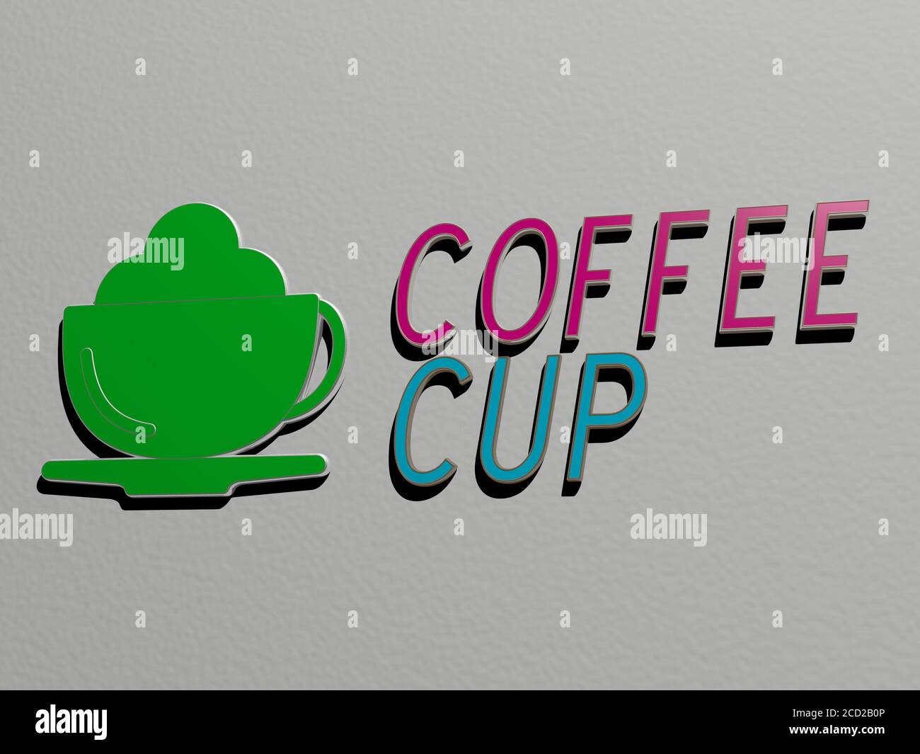 3D representation of coffee cup with icon on the wall and text arranged ...