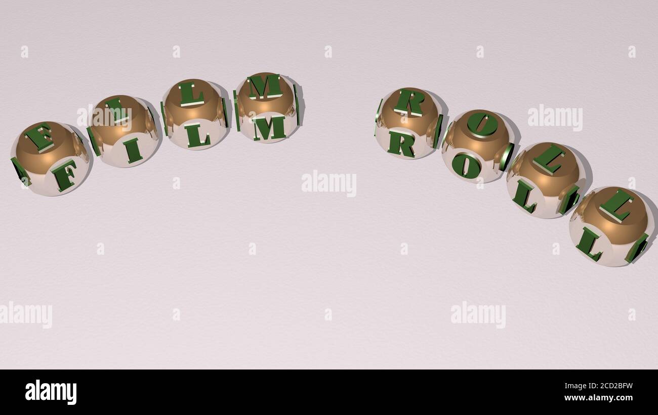 film roll text of dice letters with curvature, 3D illustration Stock ...