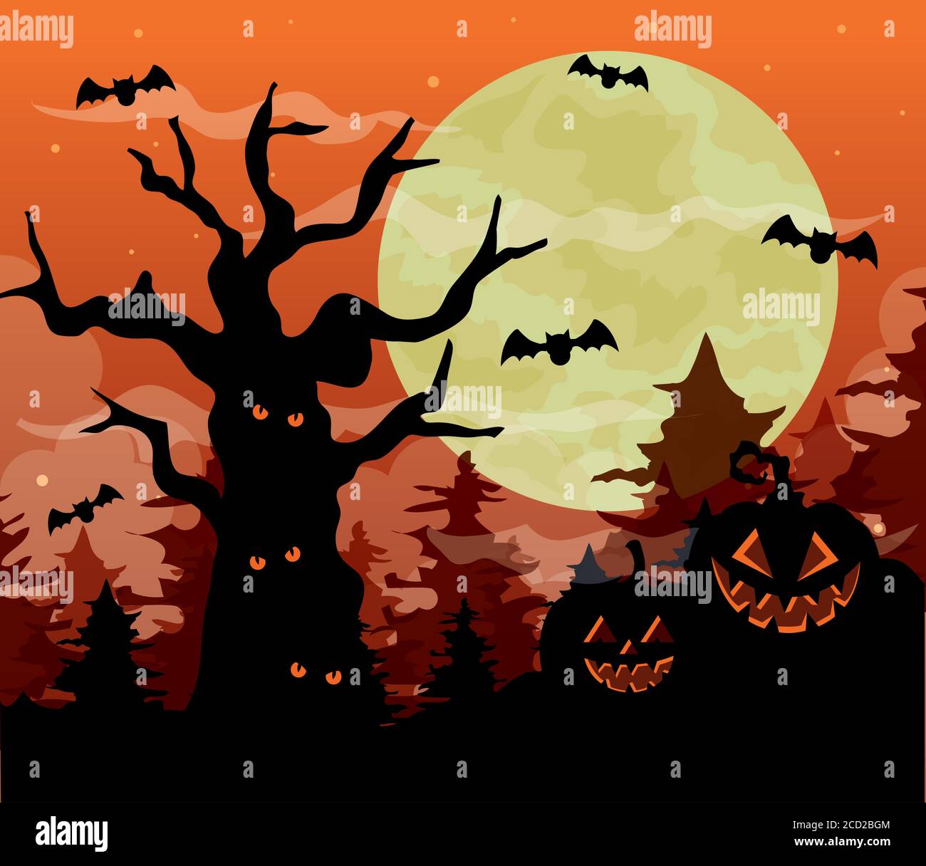 happy halloween background with pumpkins, dry tree haunted, bats flying ...