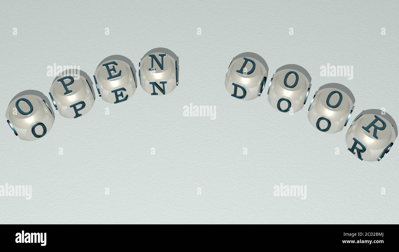 OPEN DOOR text of dice letters with curvature, 3D illustration Stock ...