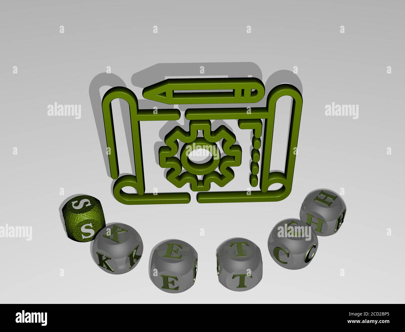 SKETCH round text of cubic letters around 3D icon, 3D illustration ...