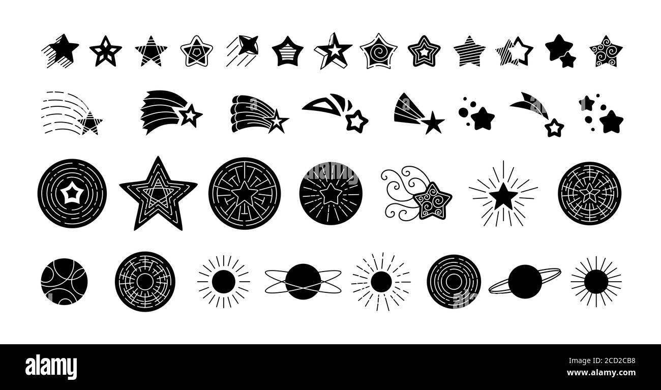 Star black glyph icon set. Flat doodle hand drawn stars symbols. Silhouette starry night ...