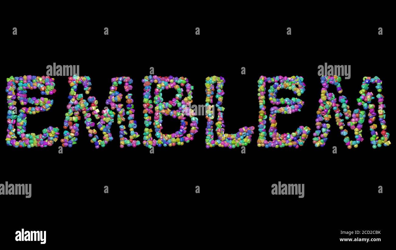 Colorful 3D writing of emblem text with small objects over a dark ...
