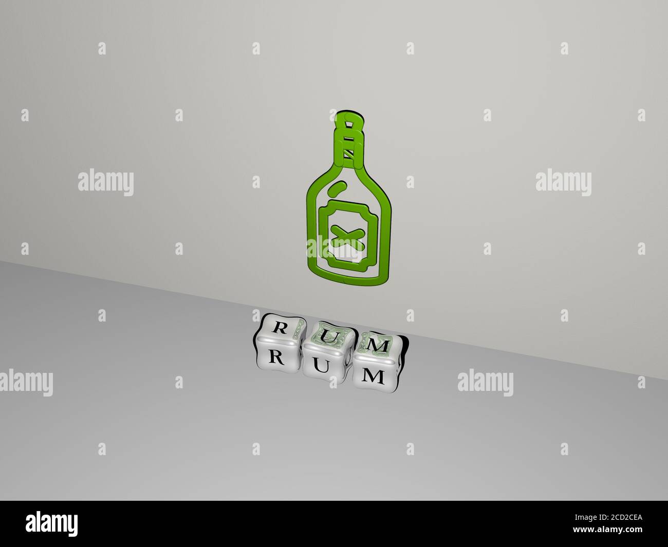 rum 3D icon on the wall and cubic letters on the floor, 3D illustration ...