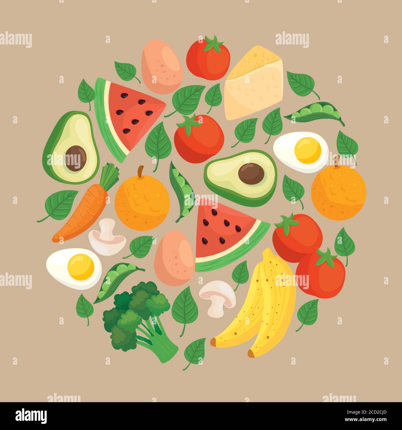 healthy food, vegetables and fruits in round frame Stock Vector Image ...
