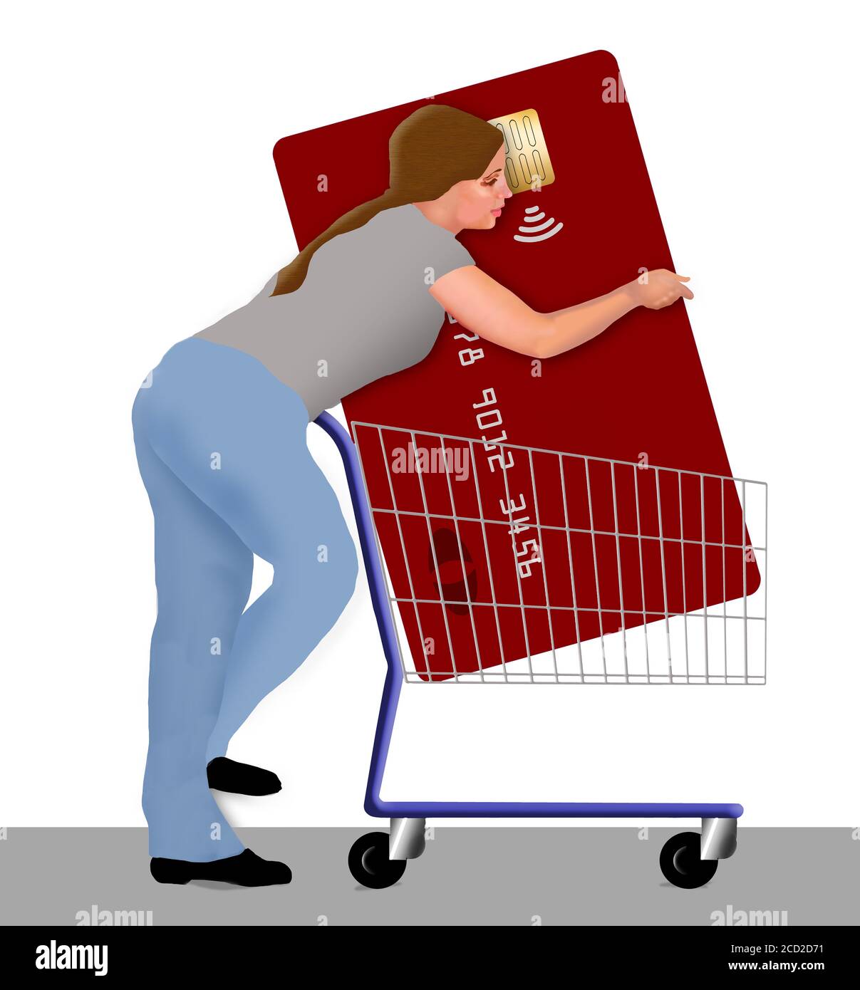 A woman puts a giant credit card into a supermarket shopping cart. This ...