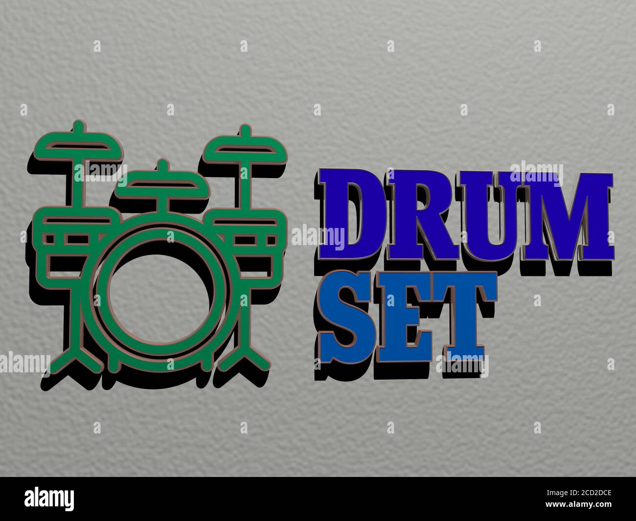 3D illustration of drum set graphics and text made by metallic dice ...