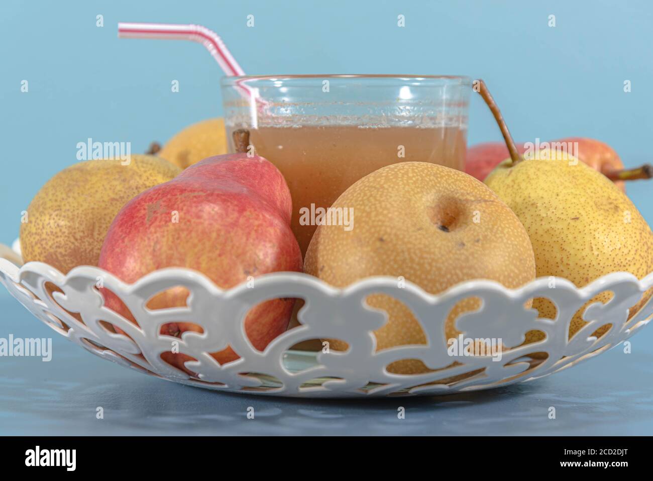 Pear fruit species and varieties. Fruits on white tray. Human food ...