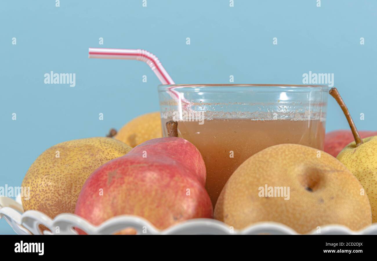 Pear fruit species and varieties. Fruits on white tray. Human food ...