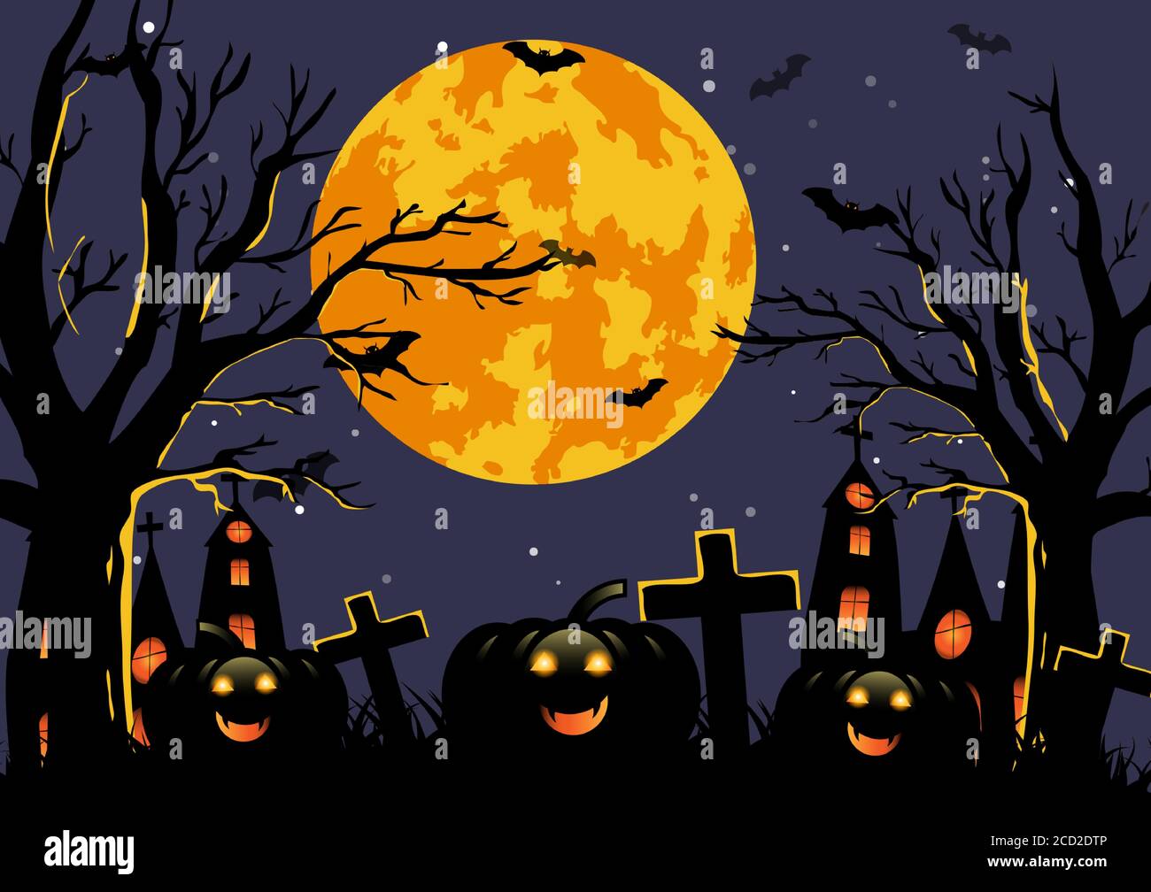 Halloween background with haunted house, pumpkin, full moon and trees ...