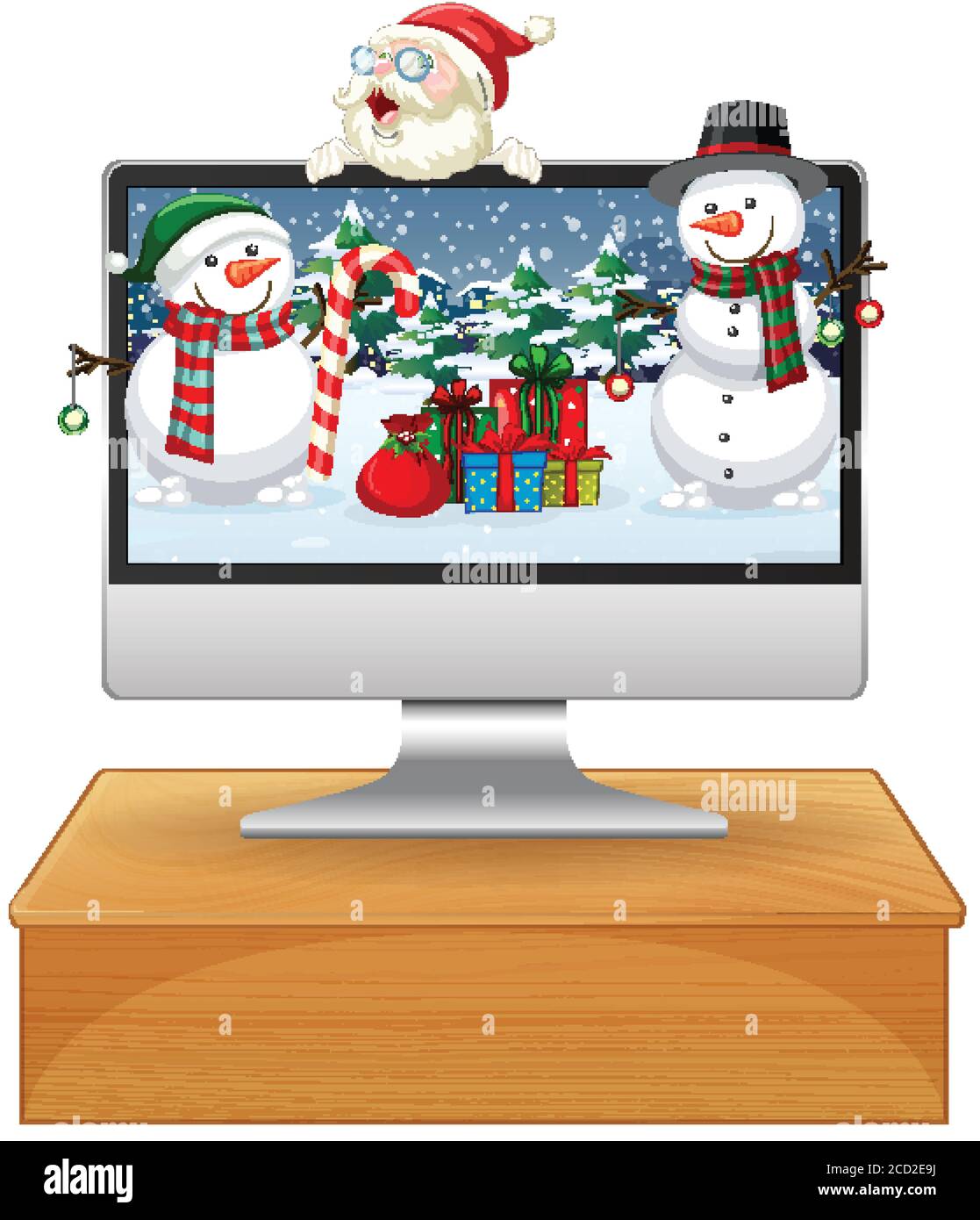 Computer with winter xmas theme desktop background illustration Stock ...
