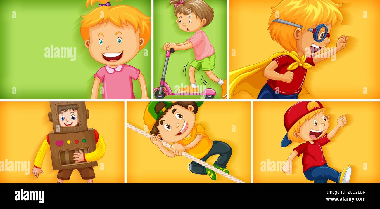 Set of different kid characters on different color background ...