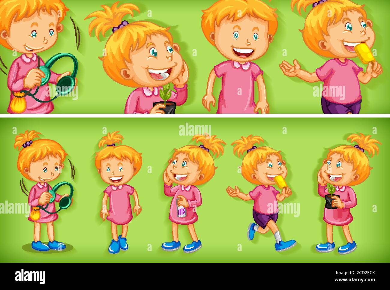 Set of different kid characters on green color background illustration ...