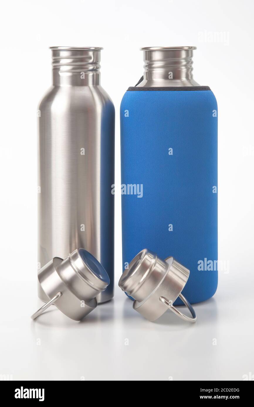 metal steel water flasks on white background. metal drinking utensils ...