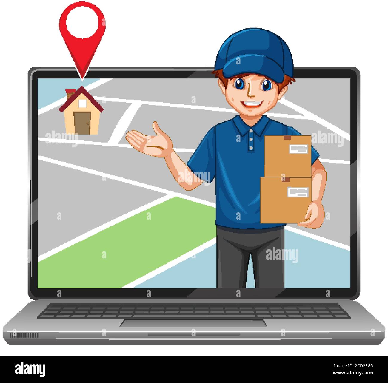 Deliver or courier man in blue uniform cartoon character in laptop ...