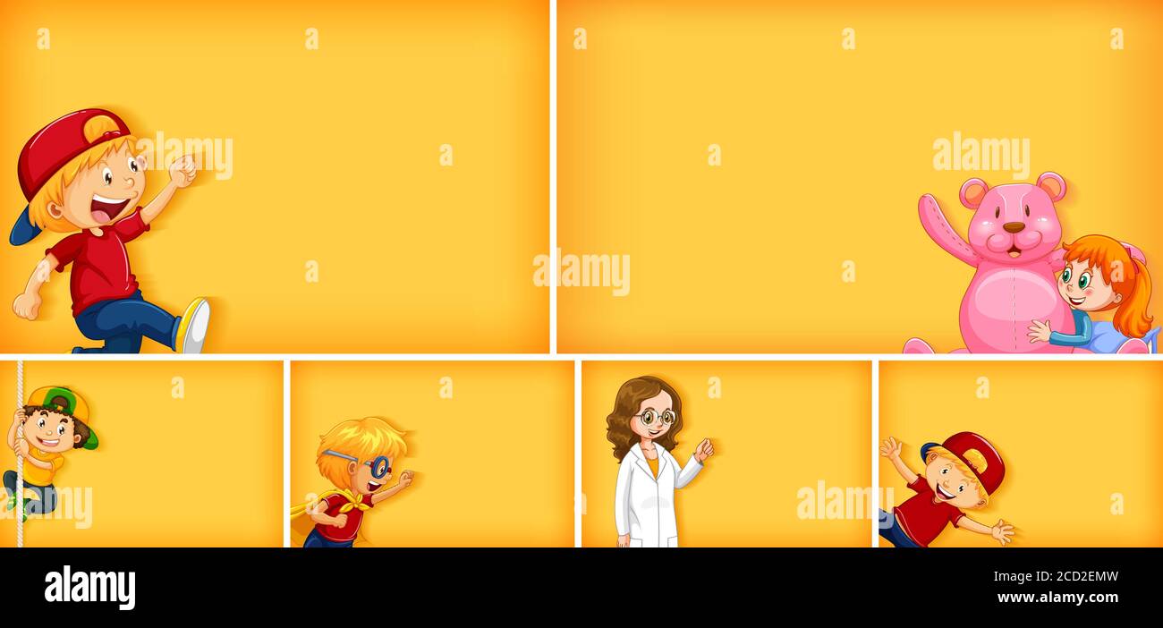 Set of different kid characters on yellow color background illustration ...