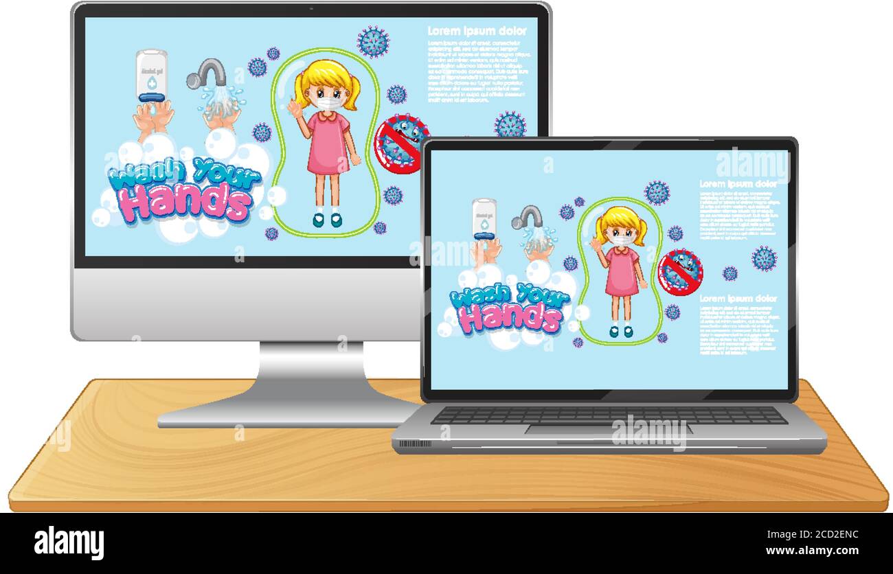 Set of electronic devices with hand wash on screen illustration Stock ...