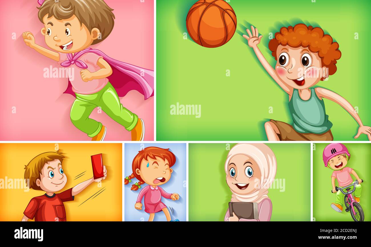 Set of different kid characters on different color background ...