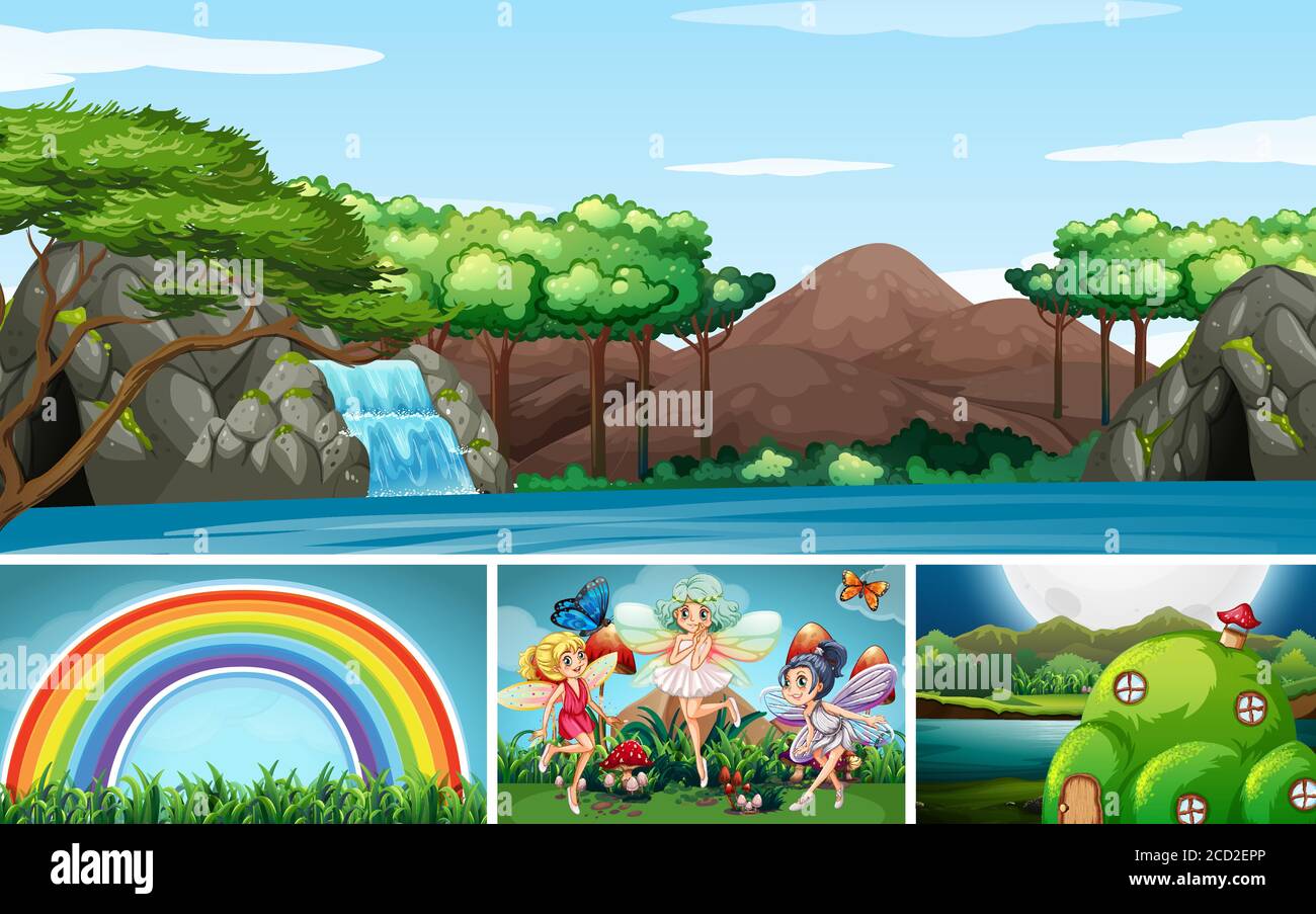 Four different scene of fantasy world with fantasy places and fantasy ...