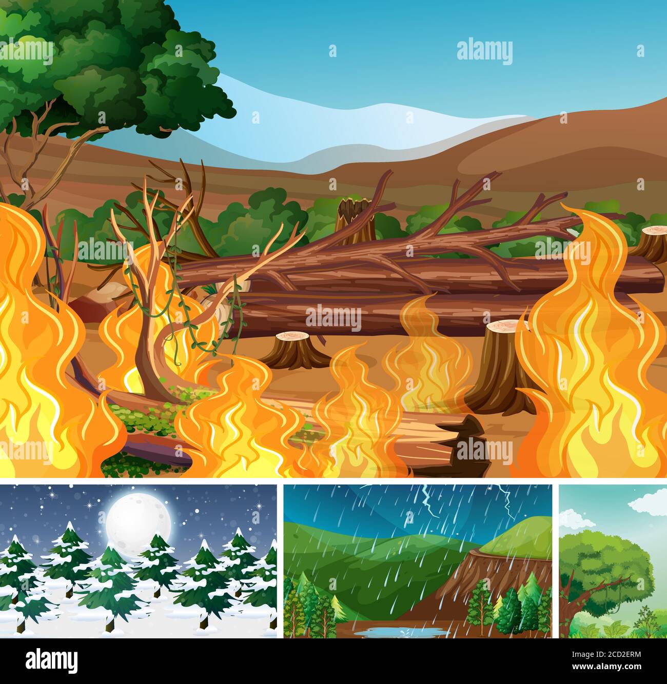 Four different nature disaters scene of forest in different seasons ...