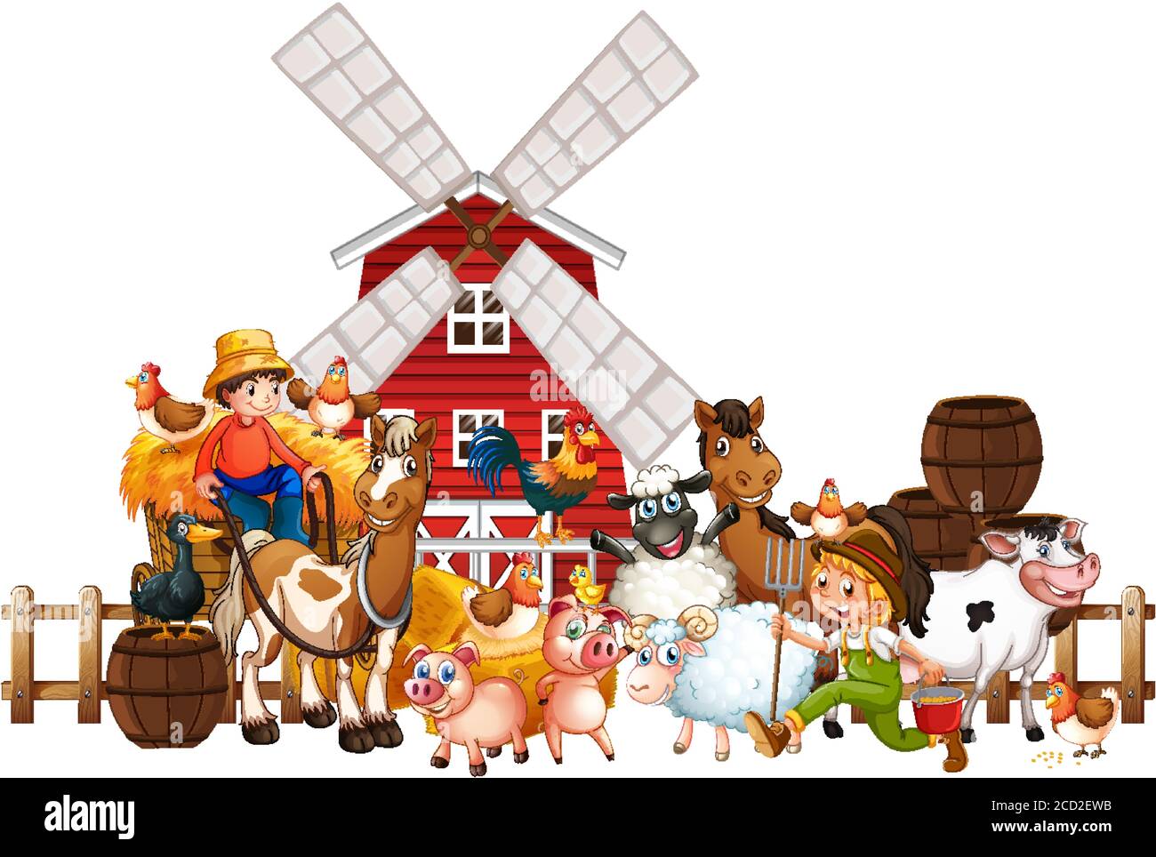 Windmill with animal farm set isolated illustration Stock Vector Image ...