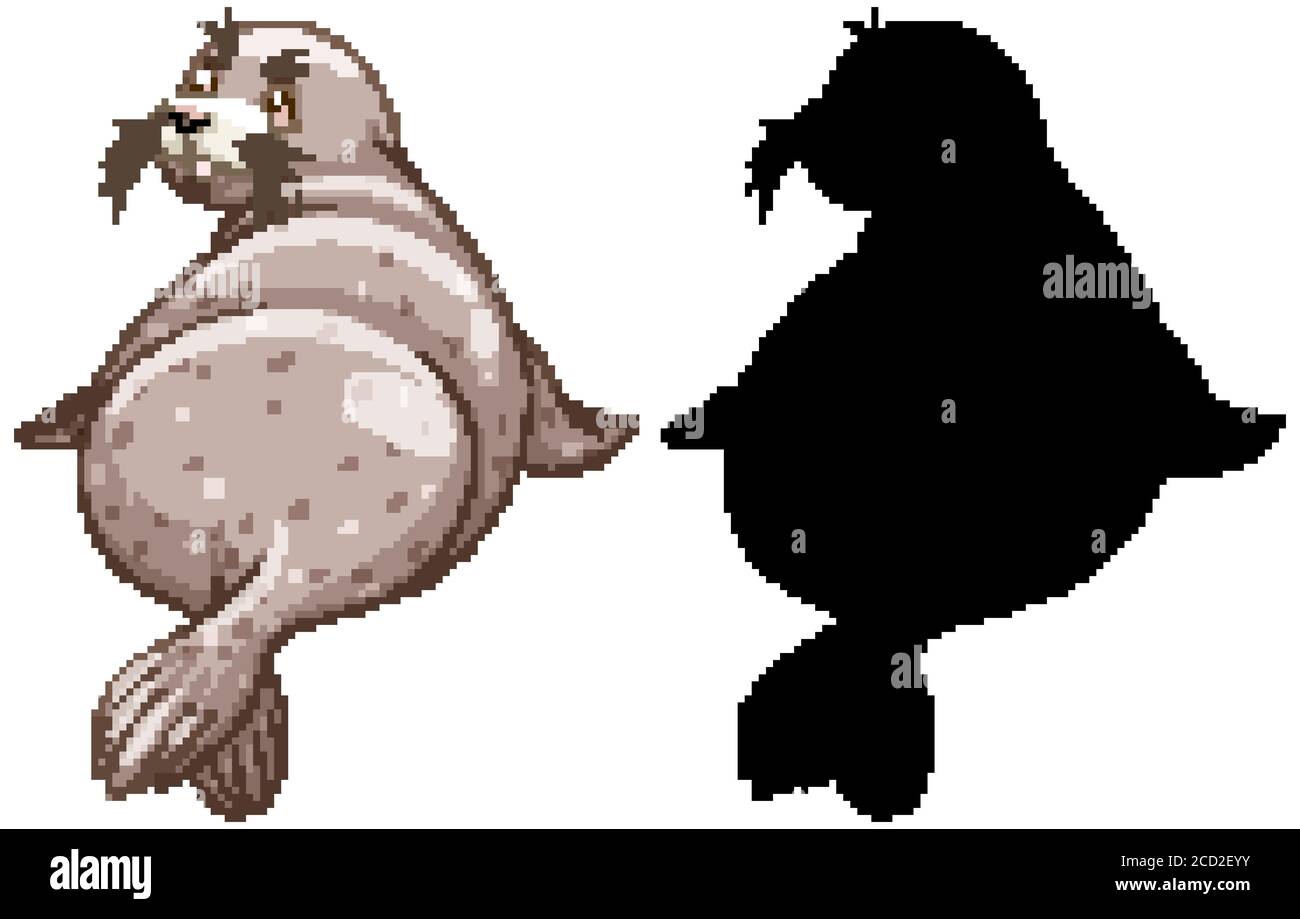 Set of seal characters and its silhouette on white background ...