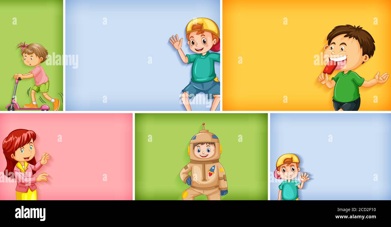Set of different kid characters on different color background ...