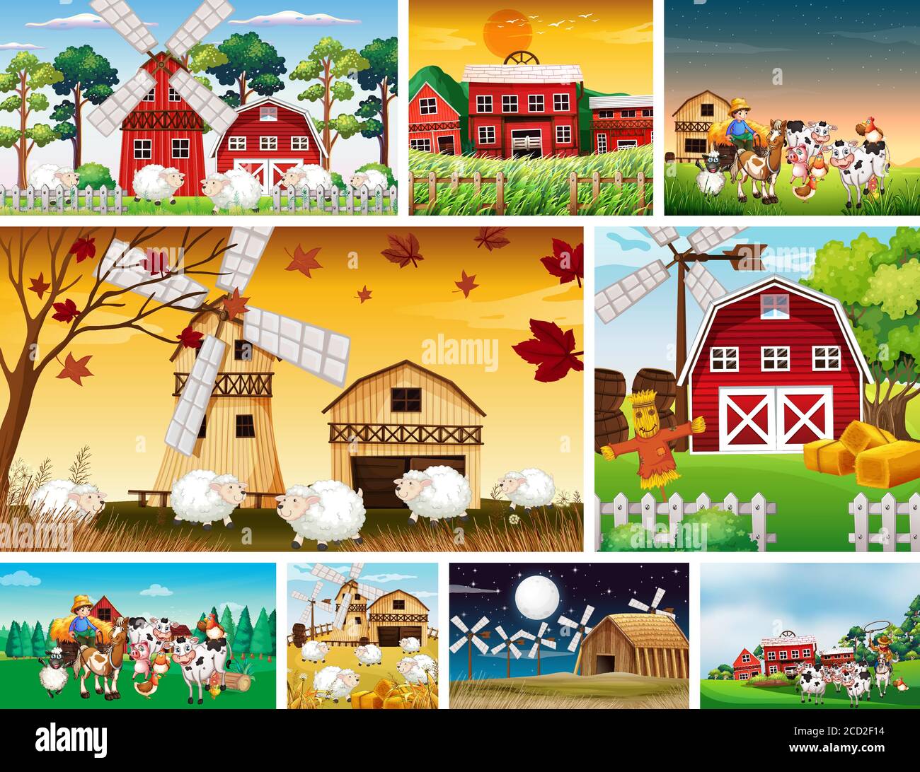 Set of different farm scenes with animal farm cartoon style ...