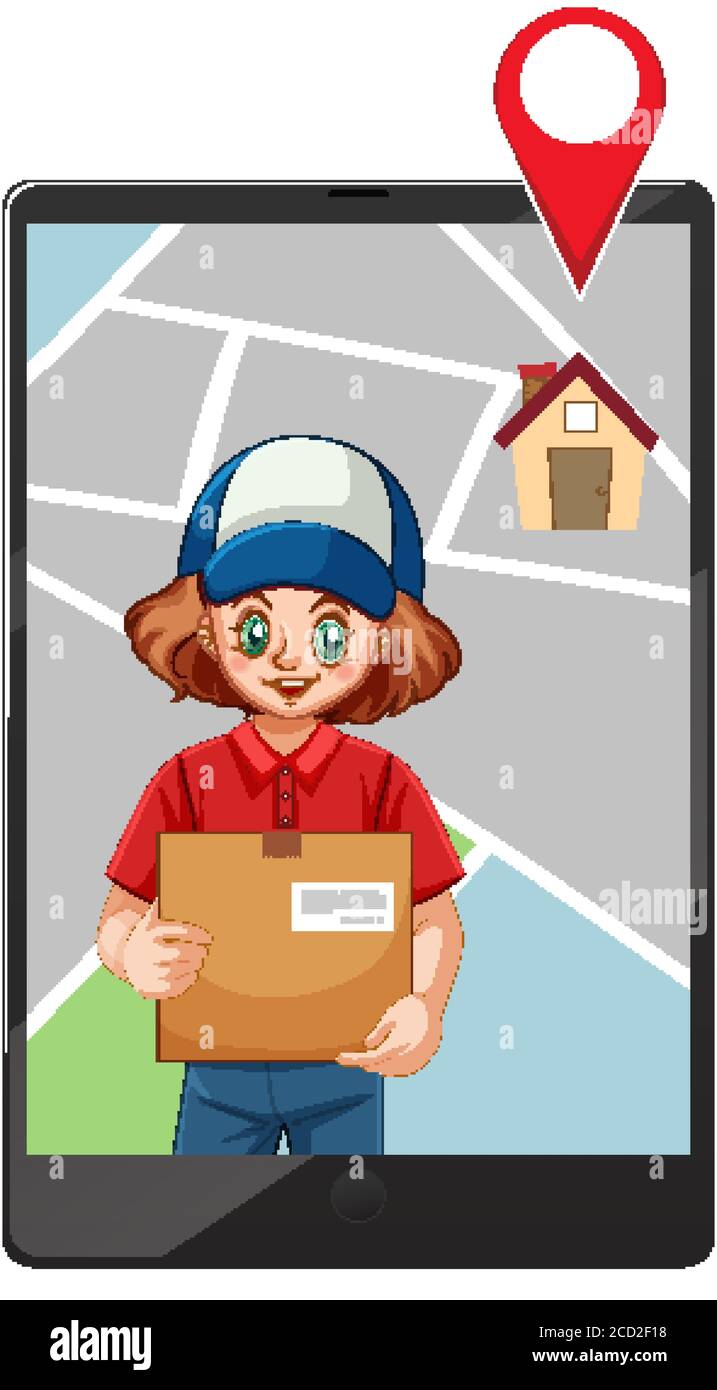 Delivery girl or courier with map screen on tablet illustration Stock ...