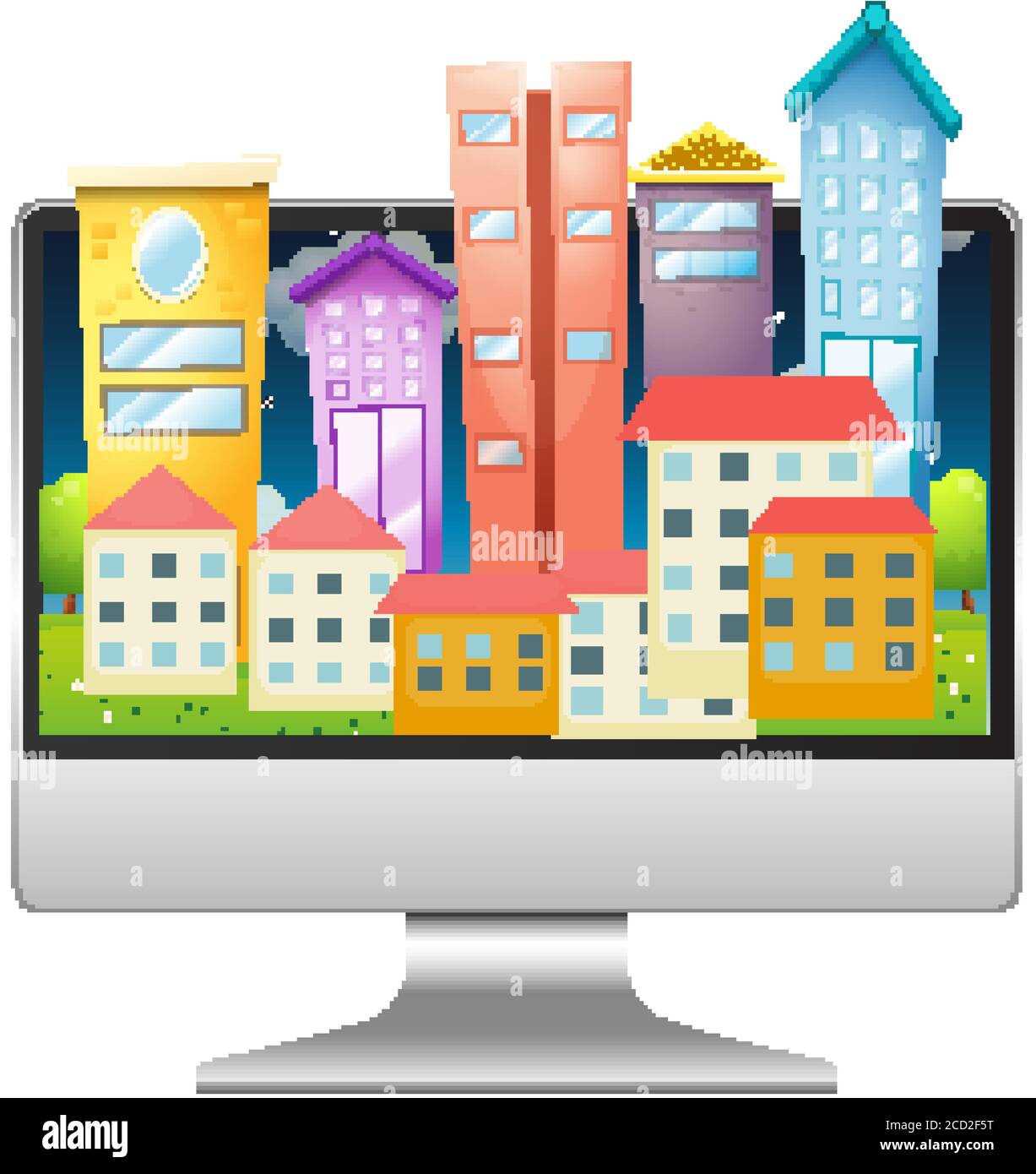 Urban city on computer screen desktop illustration Stock Vector Image ...