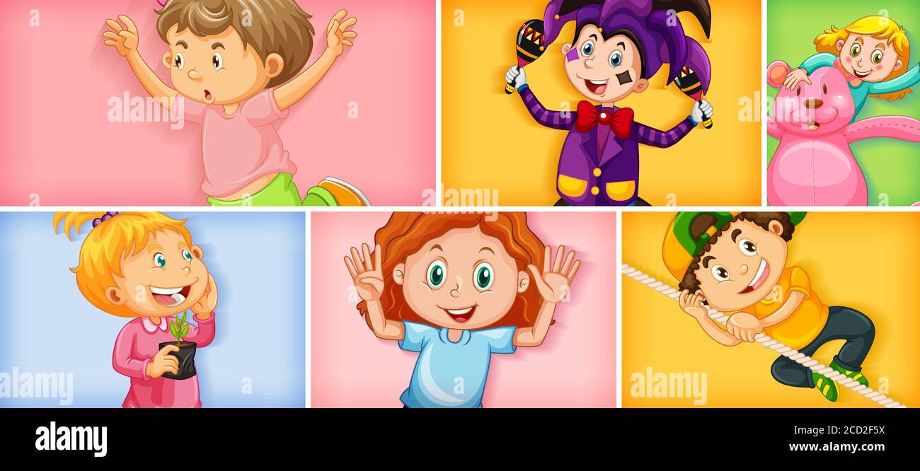Set of different kid characters on different color background ...