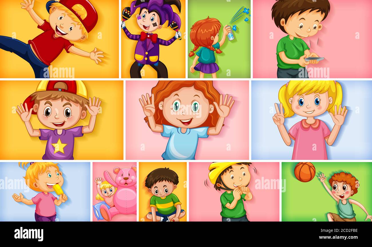 Set of different kid characters on different color background ...
