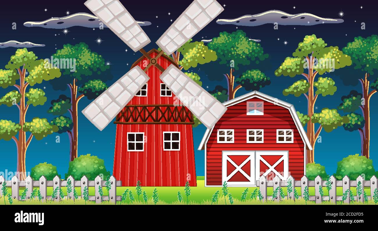 Farm scene with barn and mill at night illustration Stock Vector Image ...