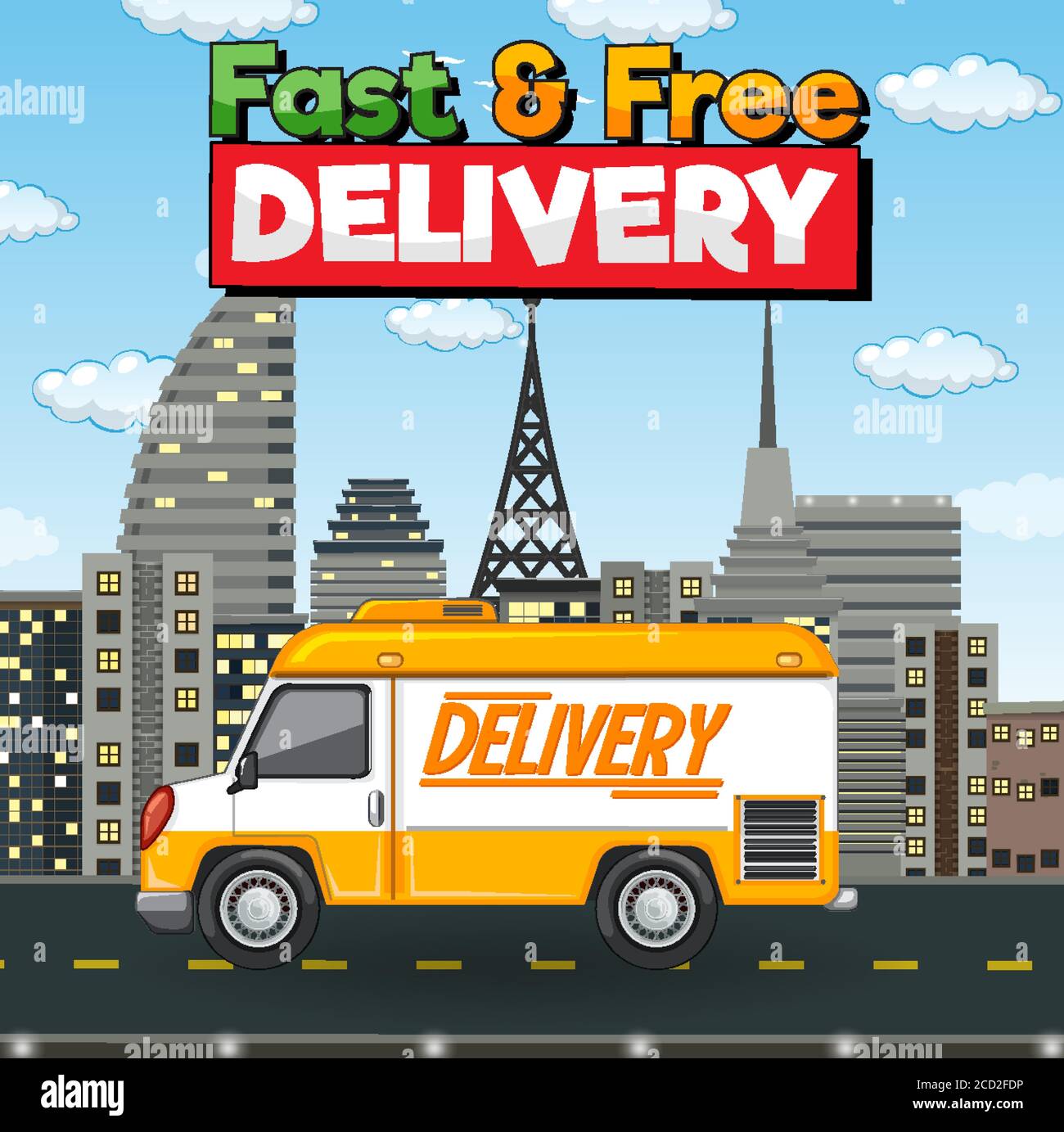 Fast and free delivery logo with delivery van or truck in the city ...
