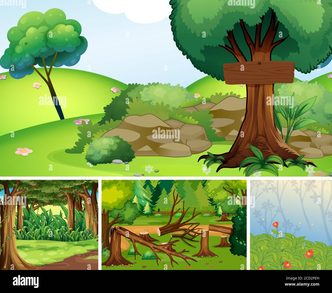Four different nature scene of forest cartoon style illustration Stock ...