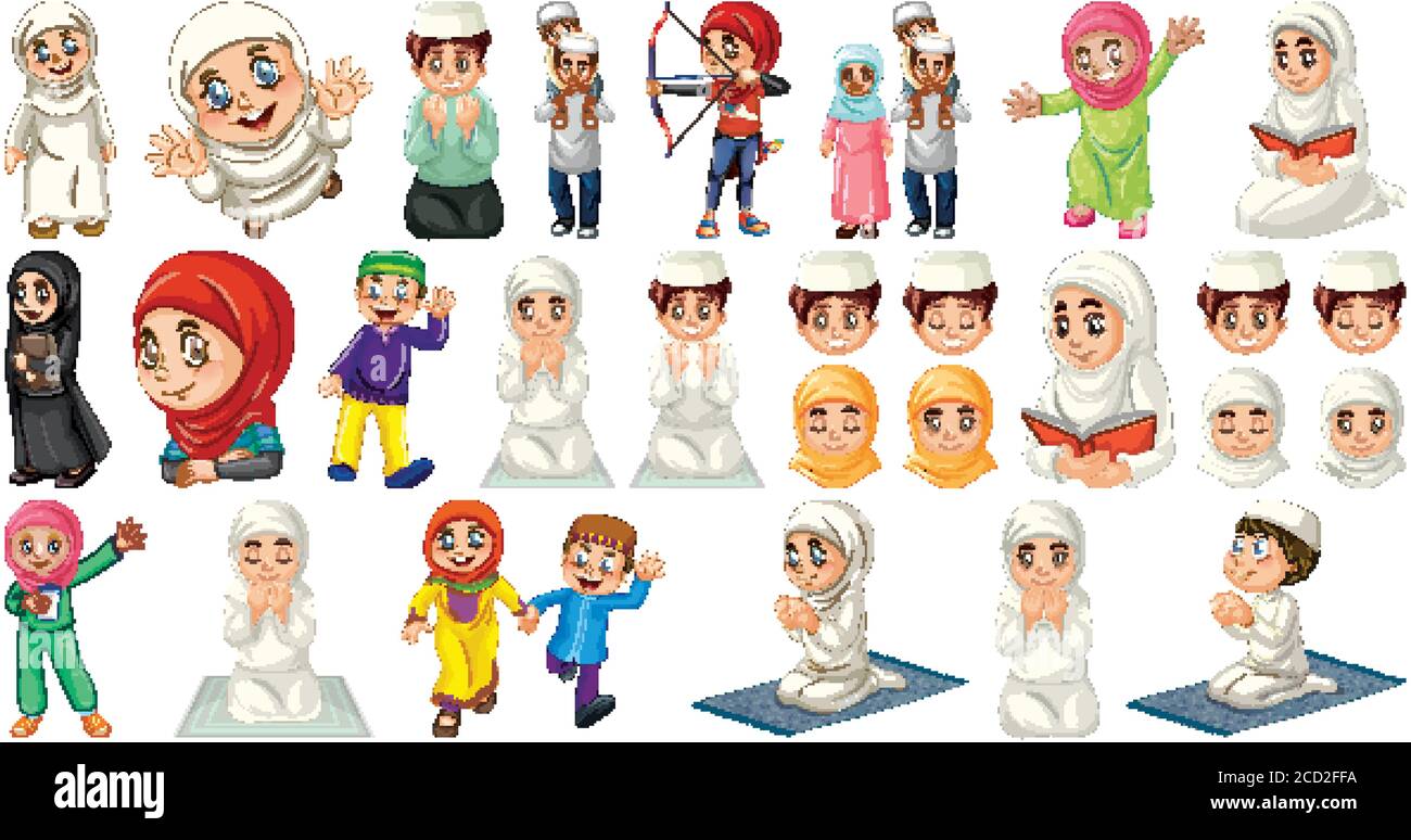 Set of different muslim people cartoon character isolated on white ...