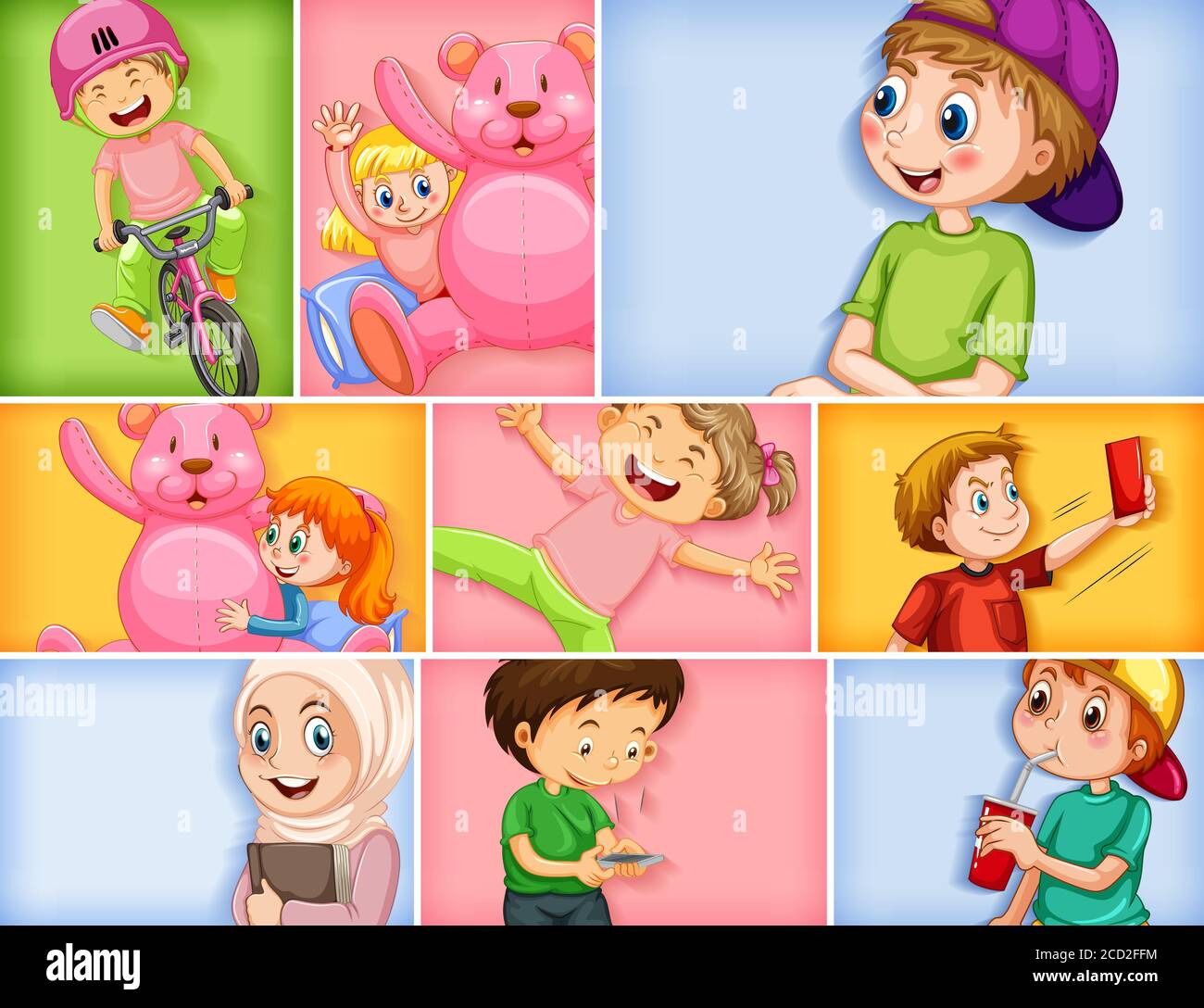 Set of different kid characters on different color background ...