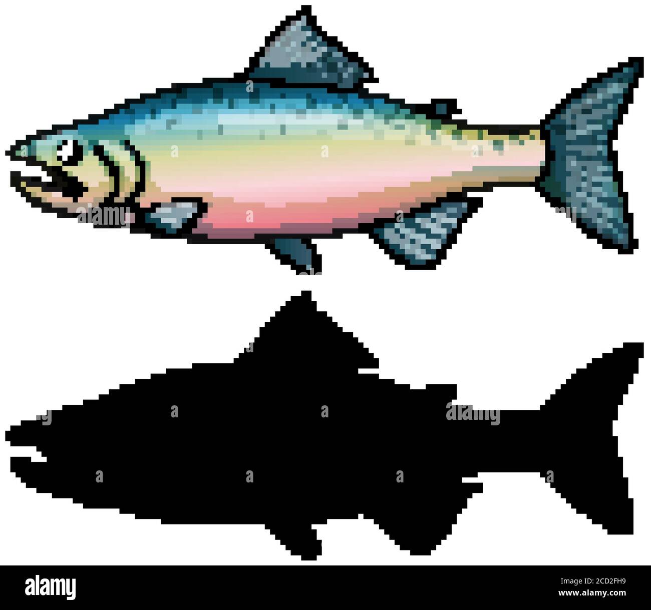 Set of fish characters and its silhouette on white background ...