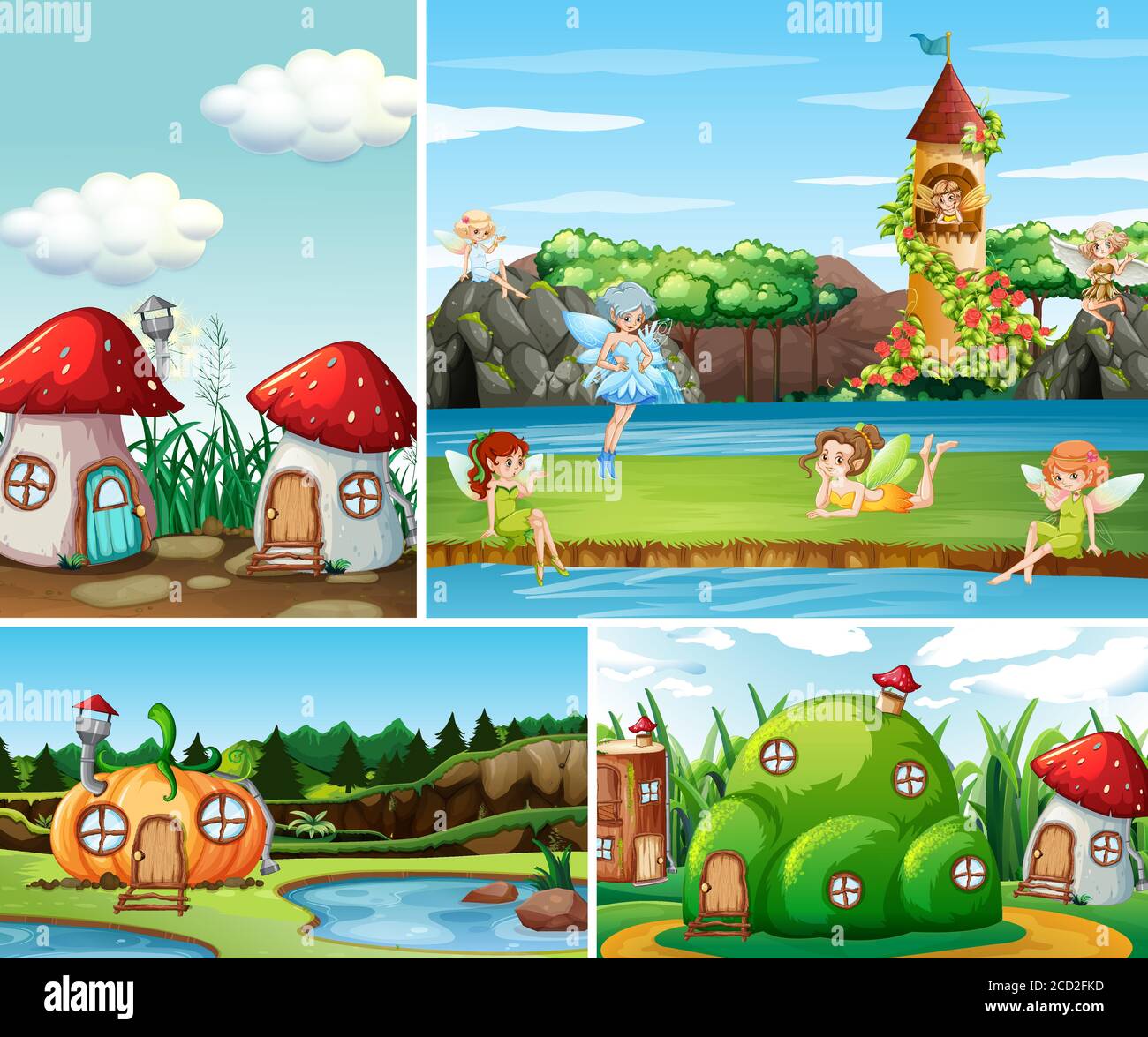 Four different scene of fantasy world with fantasy places and fairies ...