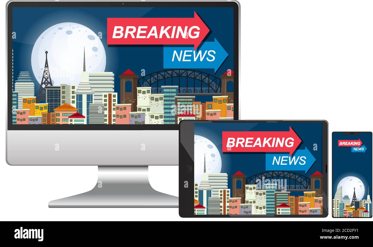 Set of breaking news on different electronic gadget screens isolated ...