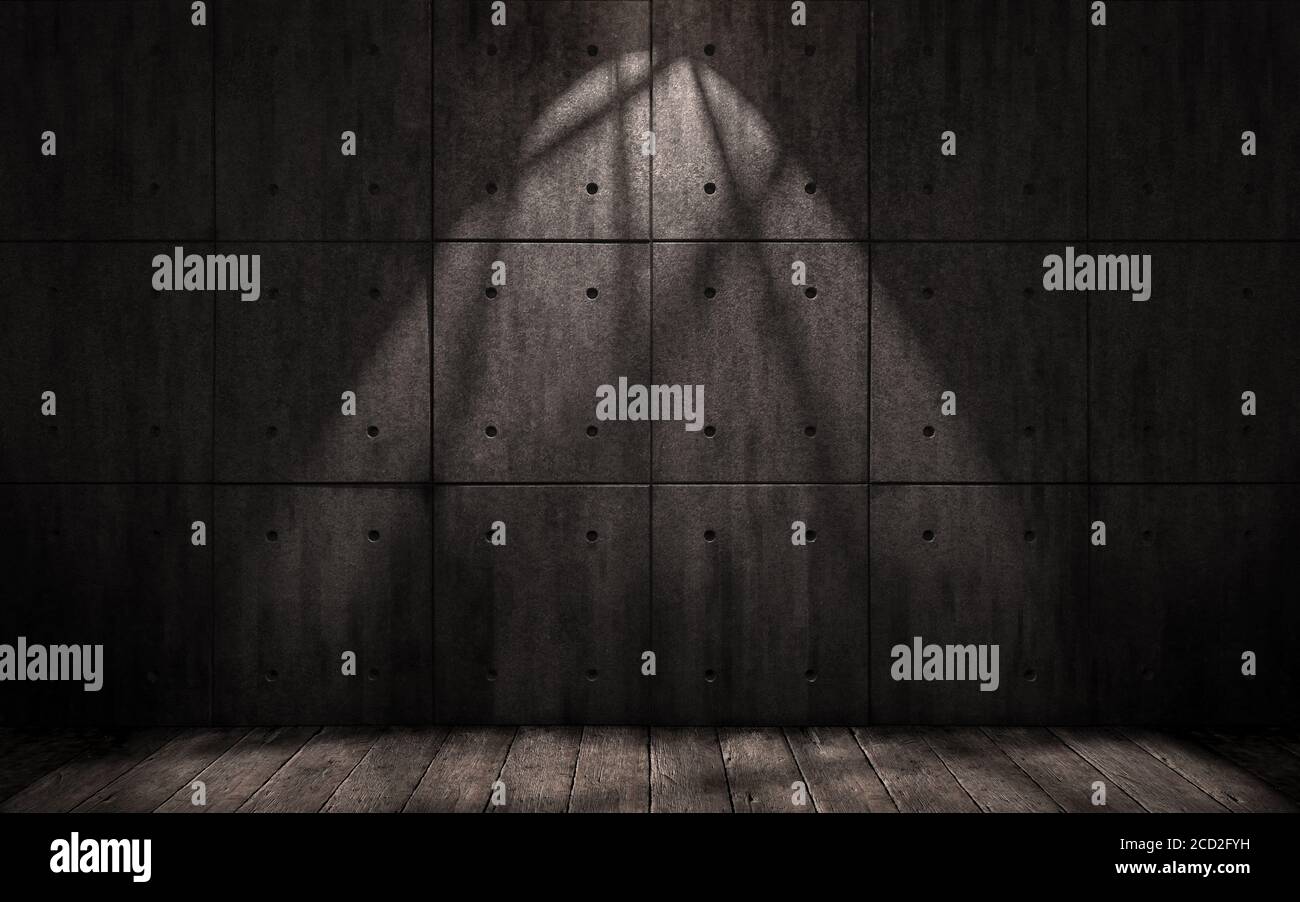 a dark underground room with walls of concrete slabs and wooden floor ...