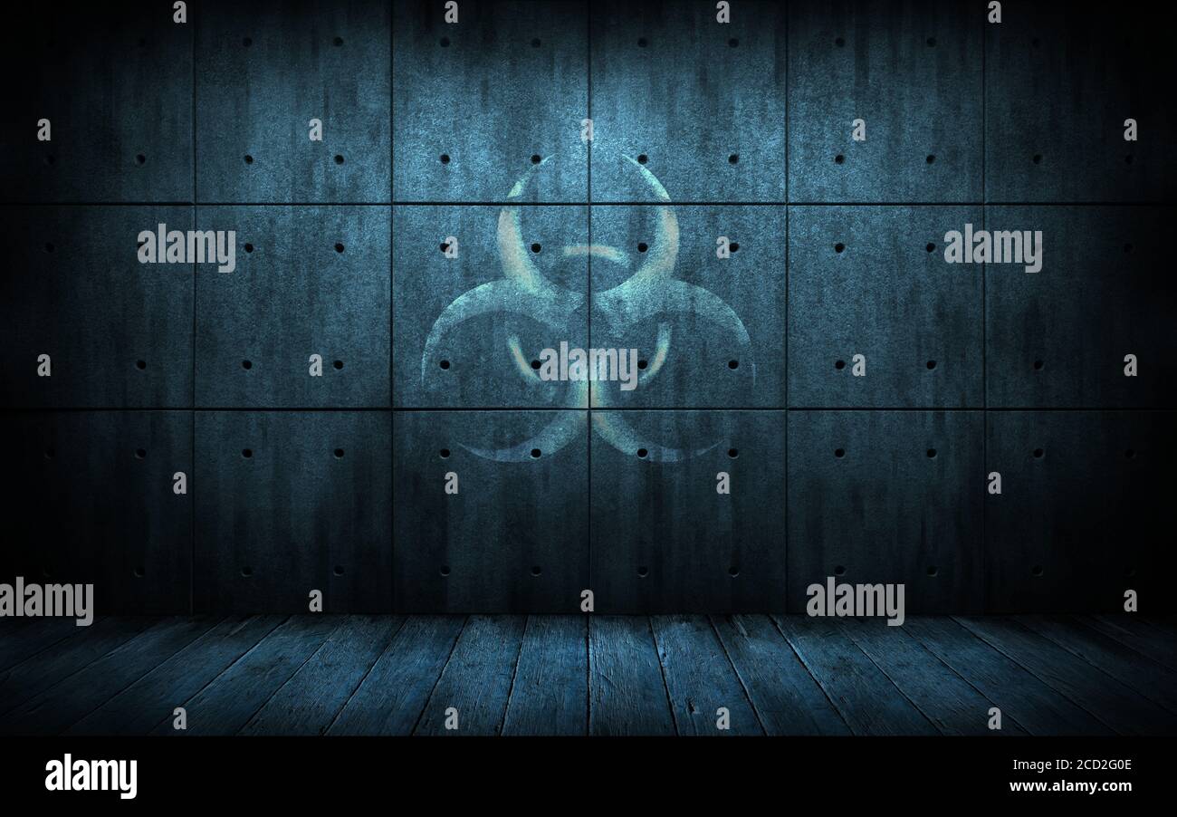 Grunge industrial background with biohazard symbol. Dark room with ...