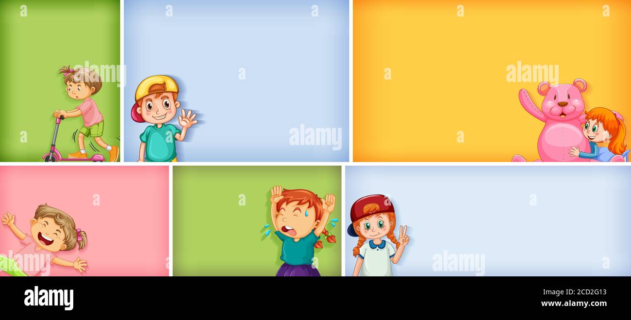 Set of different kid characters on different color background ...