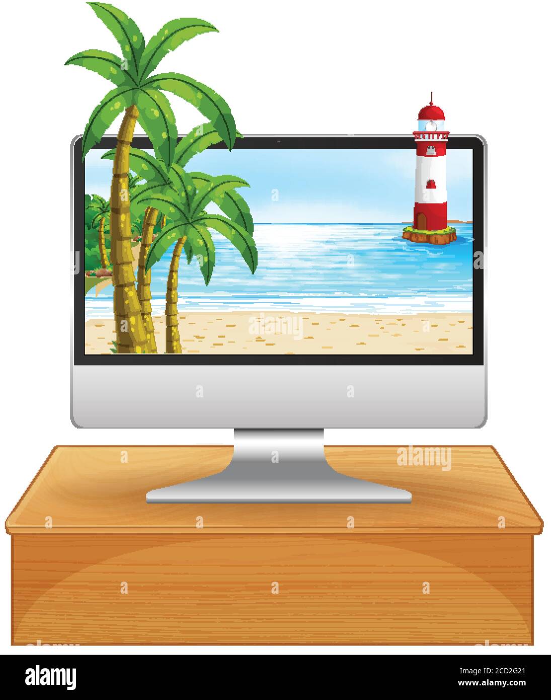 Computer on the table with beach on screen illustration Stock Vector ...