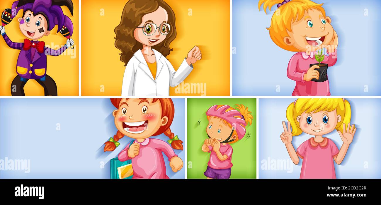 Set of different kid characters on different color background ...