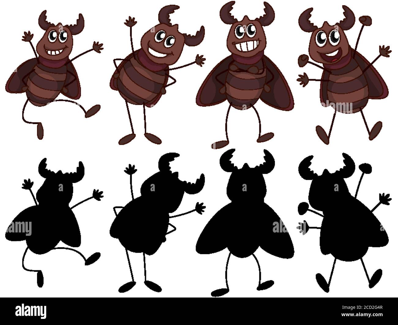Set of insect cartoon character and its silhouette on white background ...