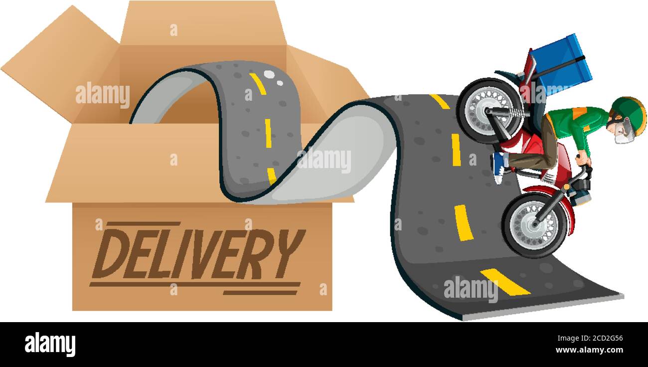 Delivery man riding on the road with delivery box illustration Stock ...