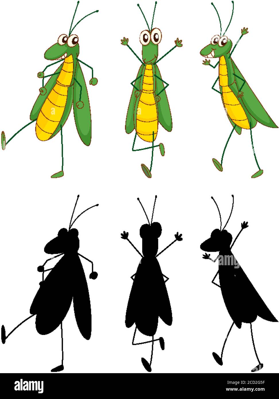 Set of insect cartoon character and its silhouette on white background ...