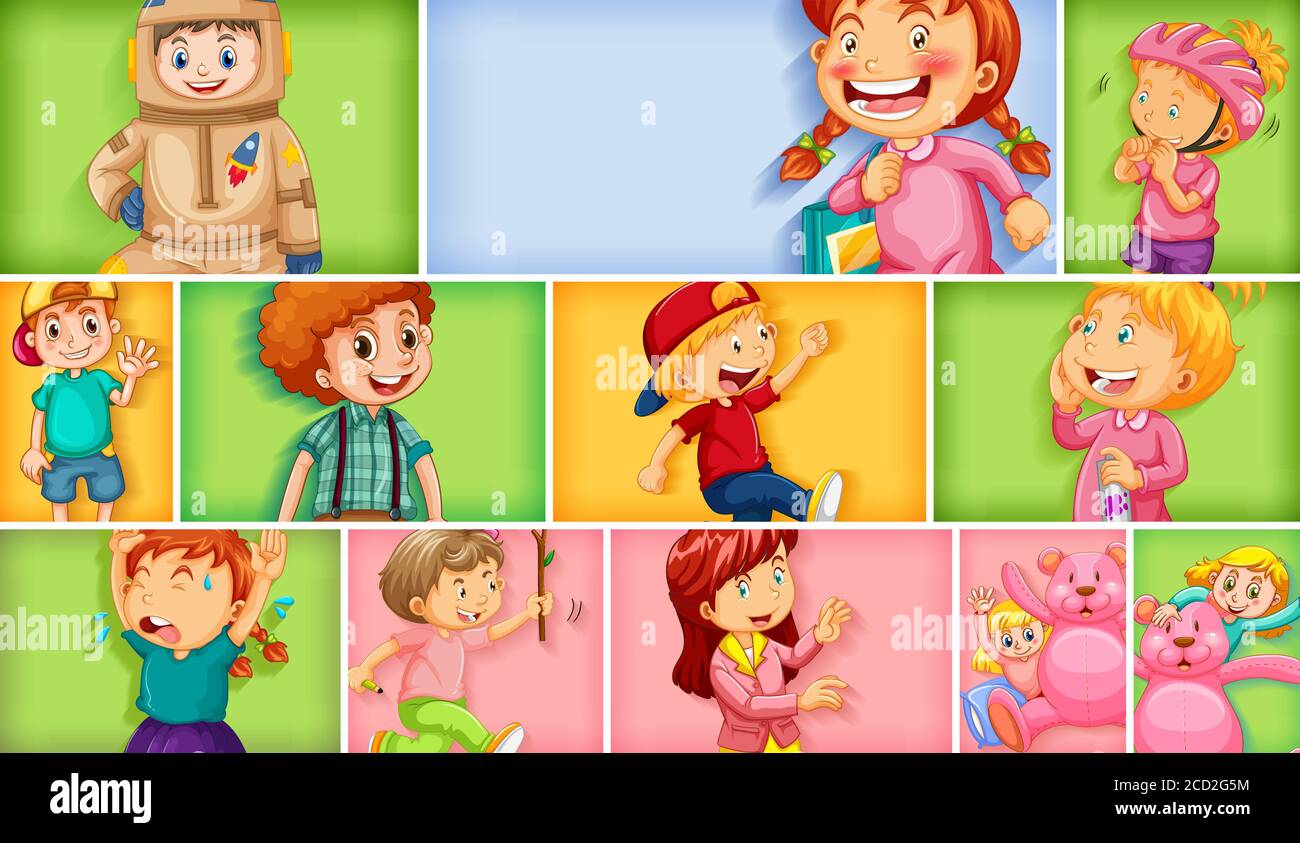 Set of different kid characters on different color background ...