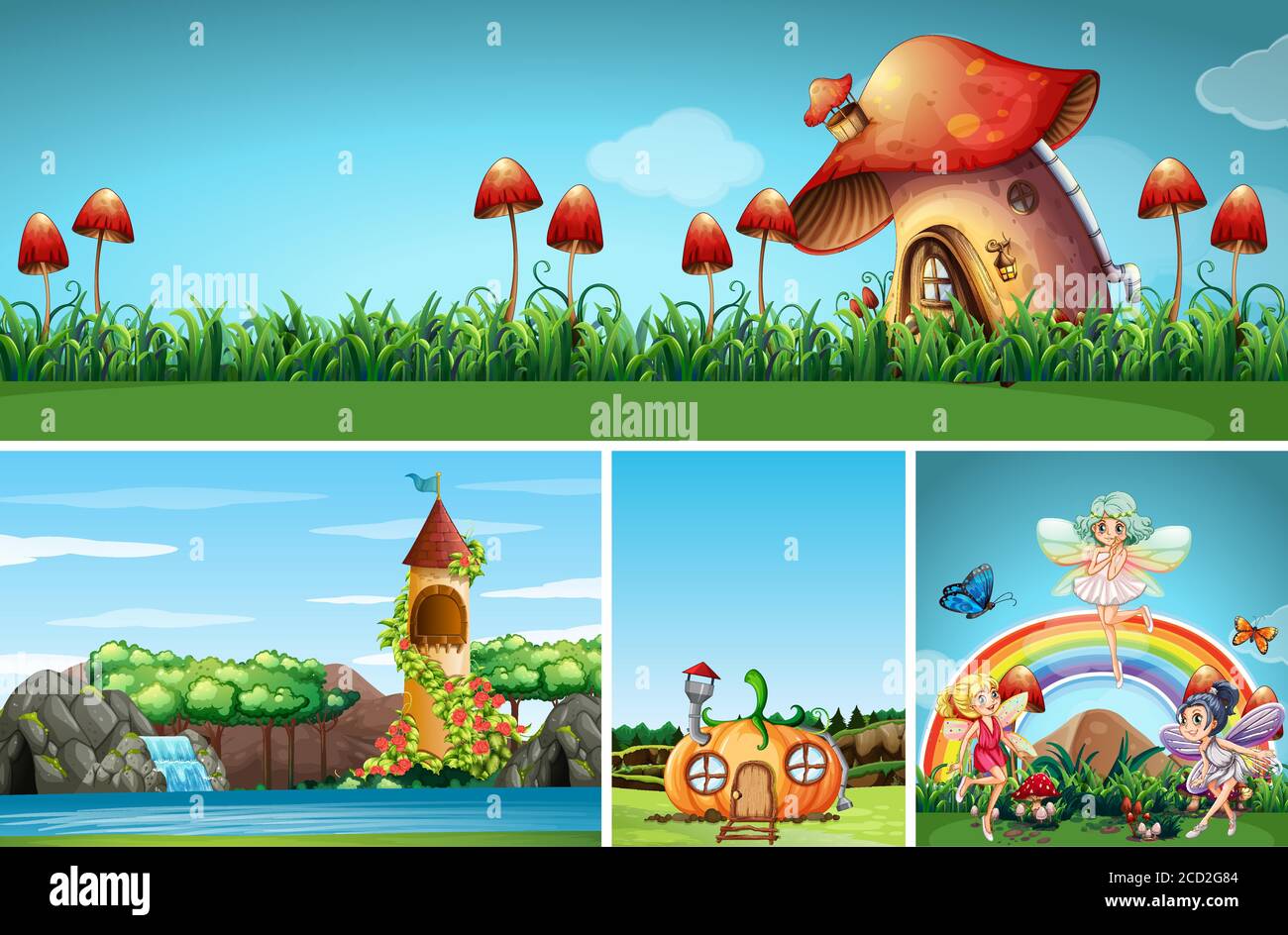 Four different scene of fantasy world with beautiful fairies in the ...